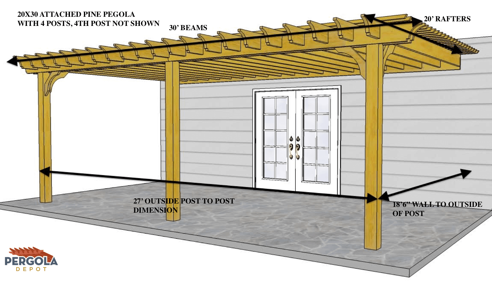 CATHERINE F 20X30 ATTACHED PINE PERGOLA 4 POSTS 195" BETWEEN CENTER ...